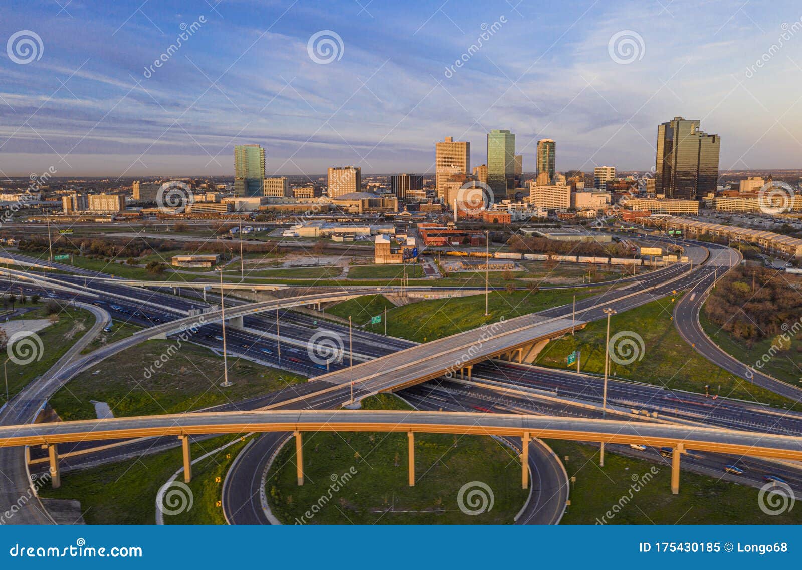 Aerial Panorama Picture of the Fort Worth Skyline at Sunrise with ...