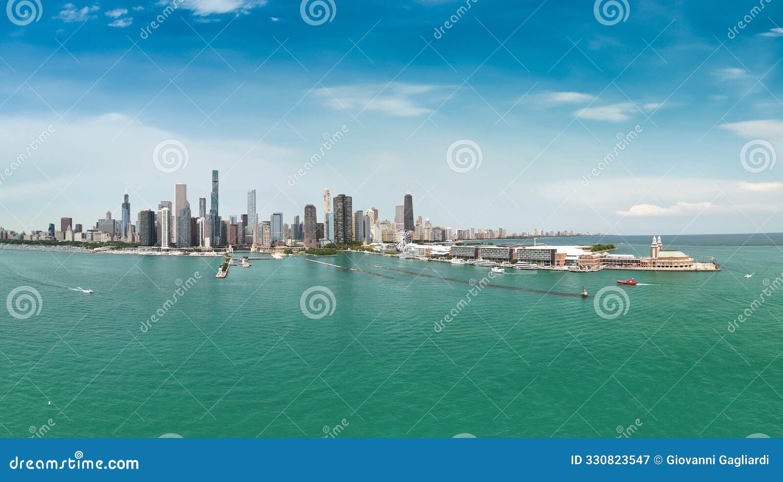 Aerial Panoramic View of Chicago Skyline from Navy Pier Stock Image ...