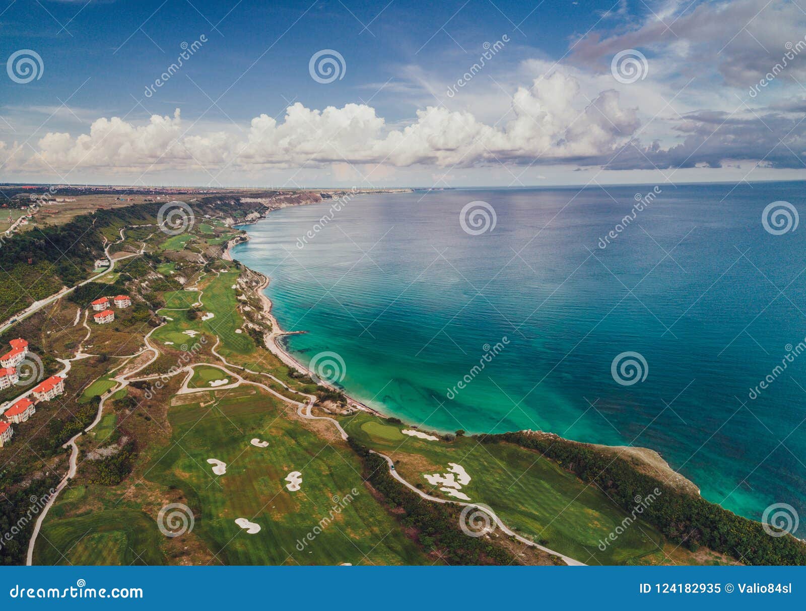 Aerial Panoramic View of a Golf Course Next To the Cliffs and Bl Stock ...