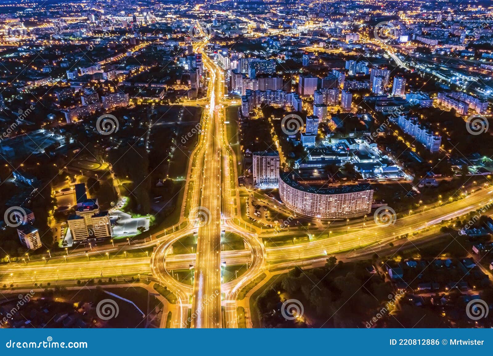 Aerial Panoramic View of Roundabout Intersection at Night Stock Photo ...