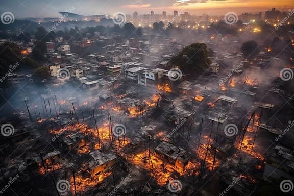 Aerial Perspective of Devastation War Torn Cities with Explosions, Fires, and Drone Attacks ...