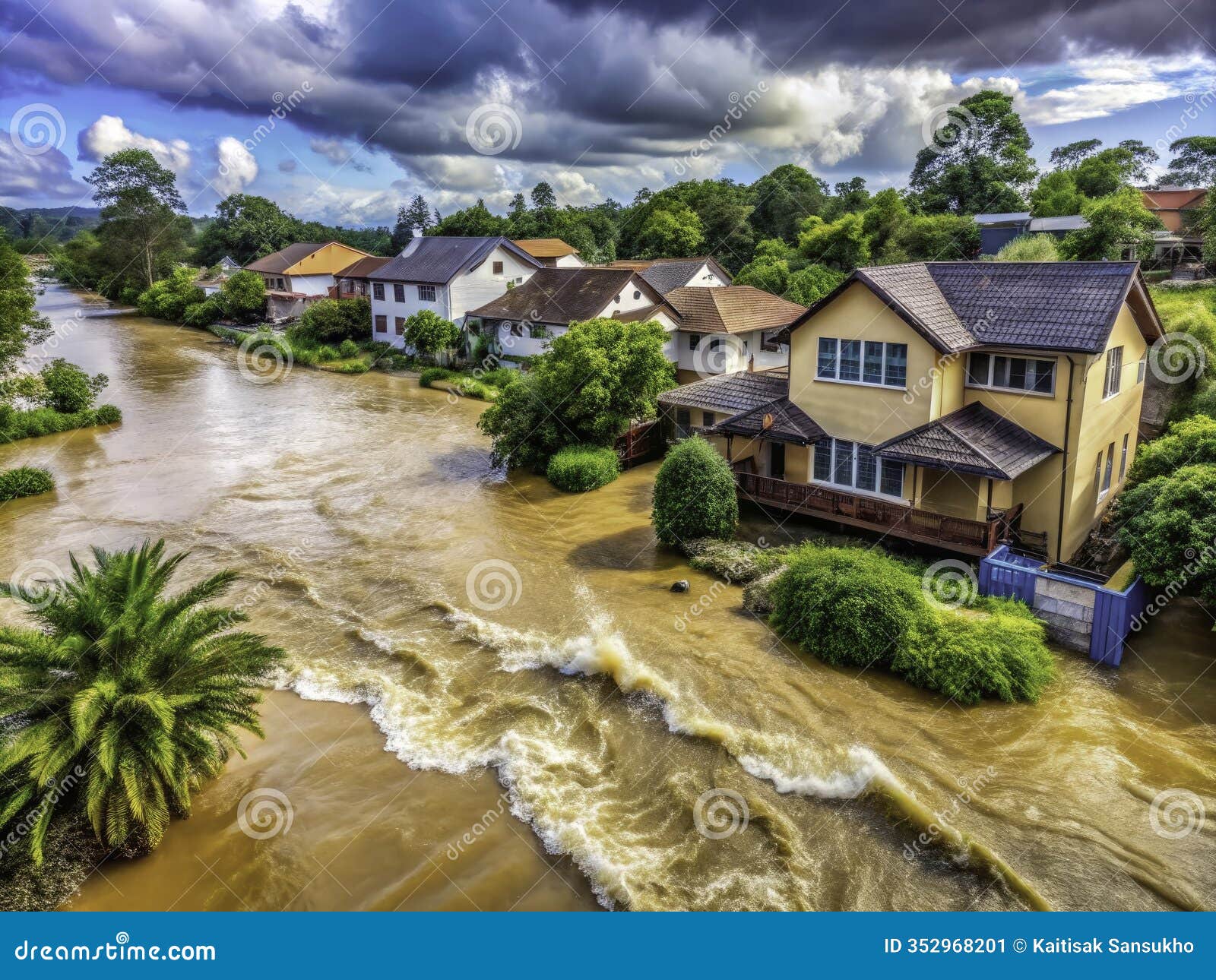 Aerial Perspective of Suburban River Overflow Devastating Flood Aftermath Following Intense ...