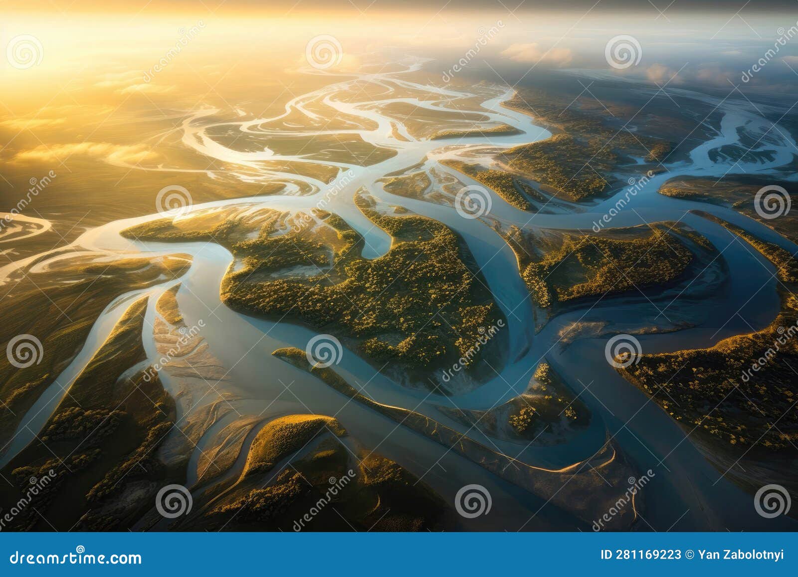 Aerial Perspective of a Winding River Delta Merging into the Sea ...
