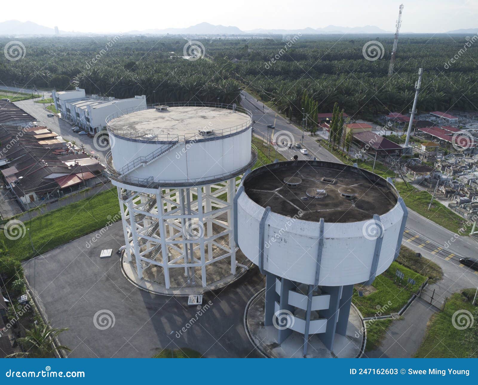 Aerial Scene at the Concrete Elevated Water Storage Tank in the Town ...