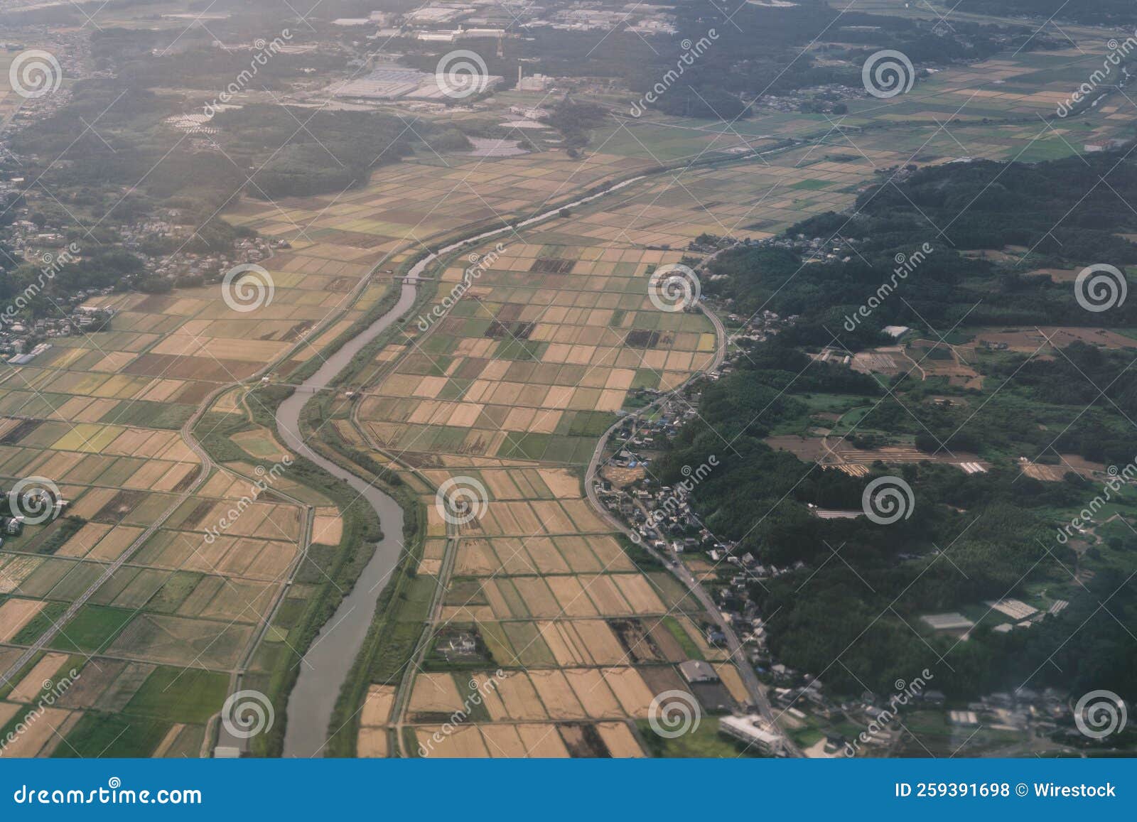 Aerial Shot from the Aircraft Over the Japanese Fields and a River ...