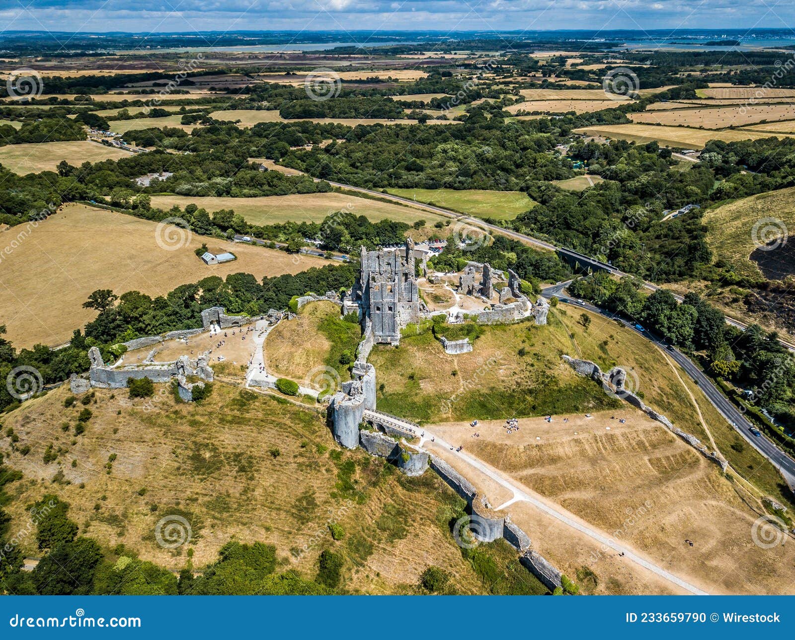 Aerial Shot of the Corfe Castle in Wareham, UK Stock Photo - Image of ...