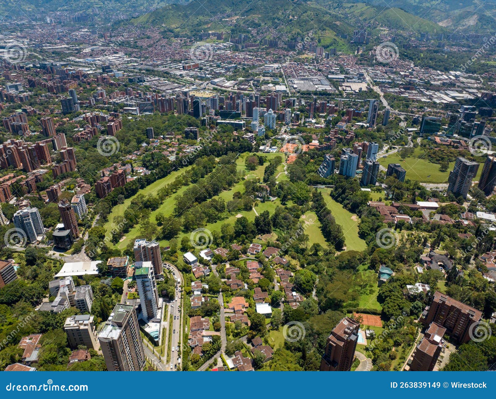 Aerial Shot of a Downtown El Poblado in Medellin, Colombia with Green ... Aerial Shot of a Downtown El Poblado in Medellin, Colombia with Green ...