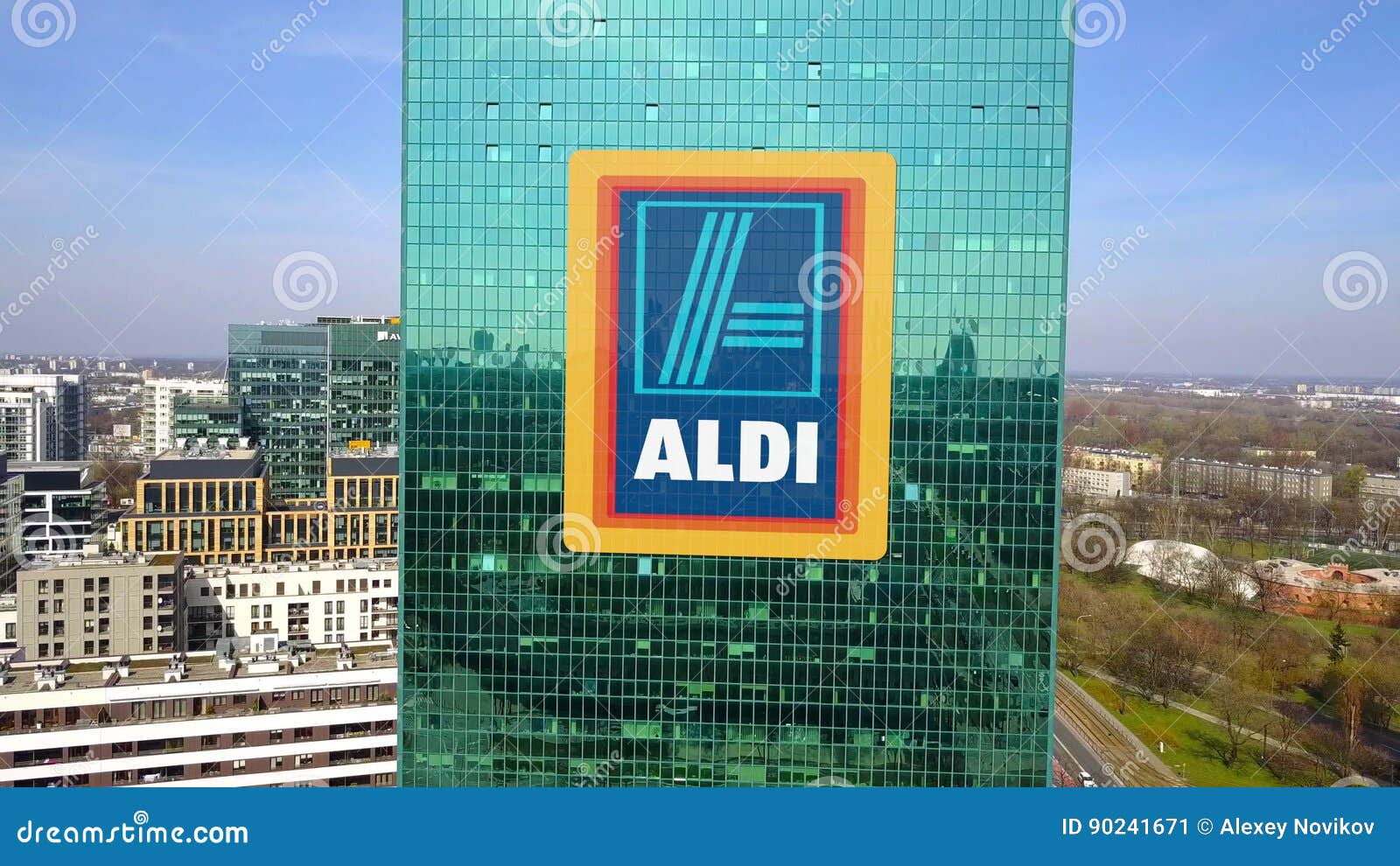 Aerial Shot of Office Skyscraper with Aldi Logo. Modern Office Building ...