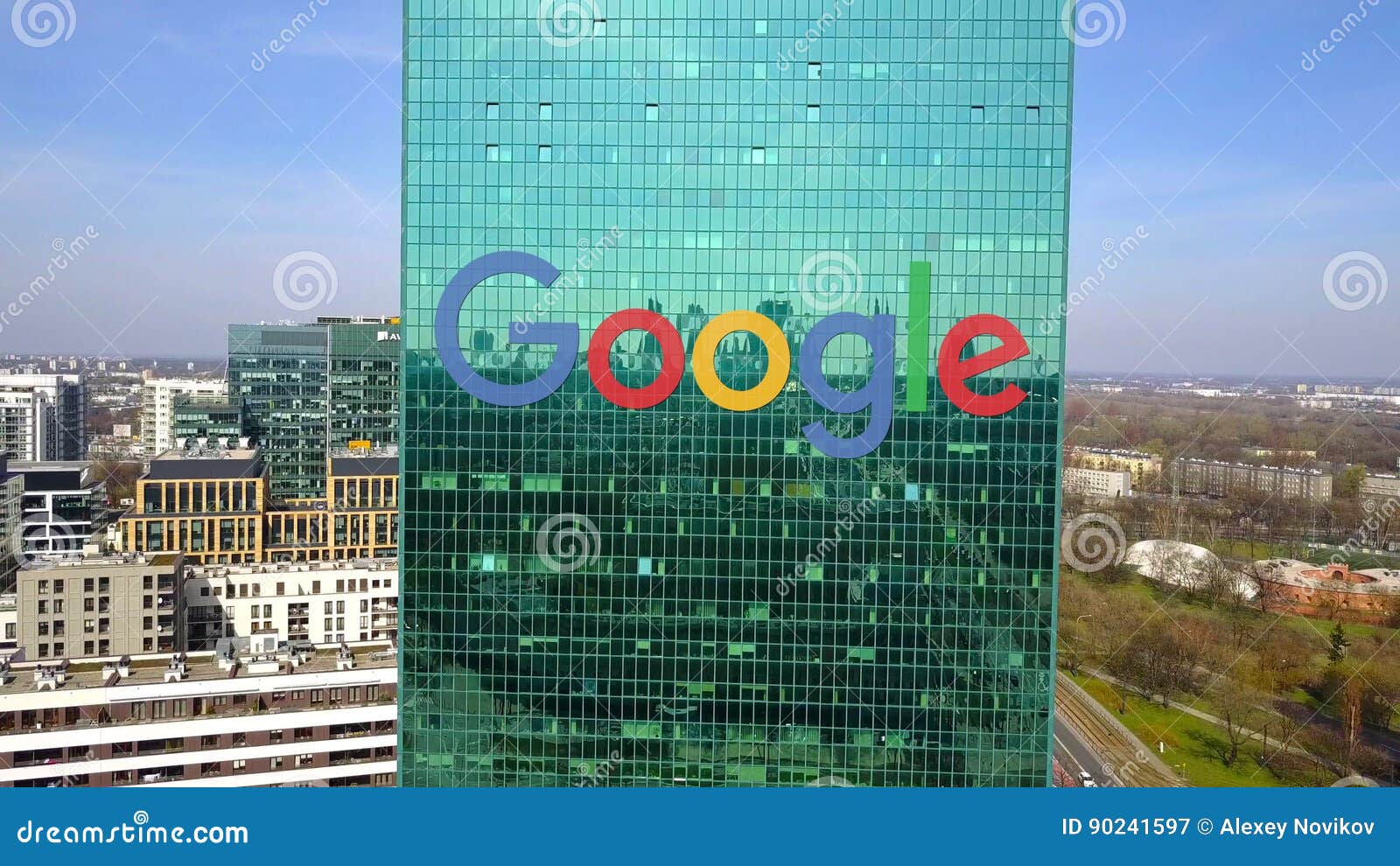 Aerial Shot of Office Skyscraper with Google Logo. Modern Office ...