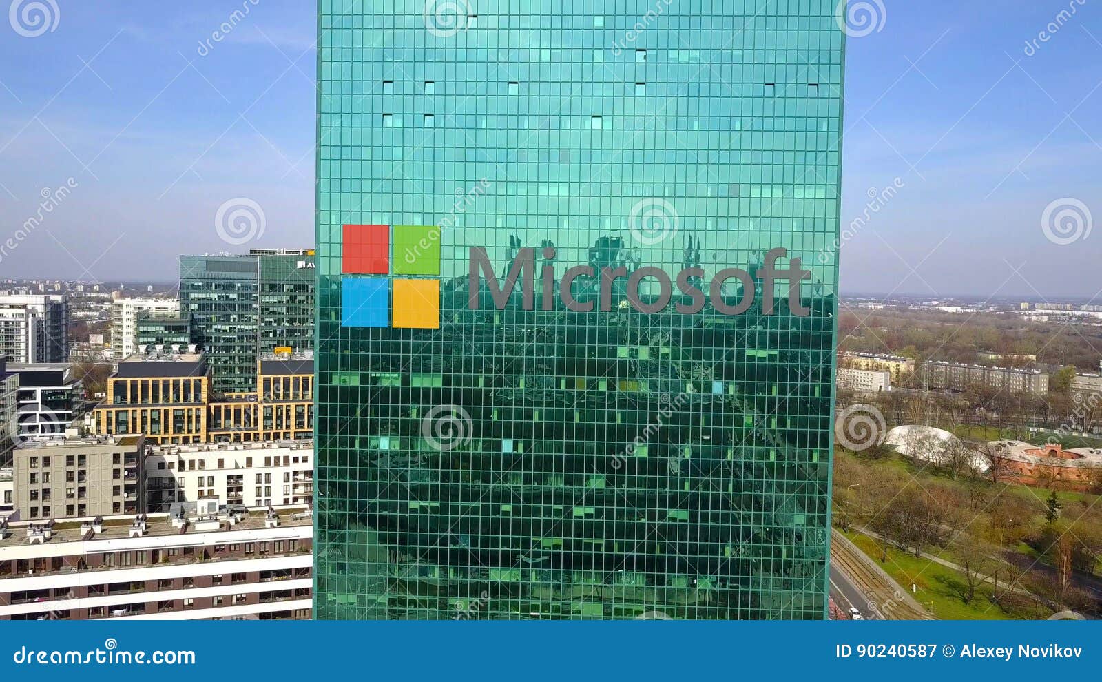 Aerial Shot of Office Skyscraper with Microsoft Logo. Modern Office ...