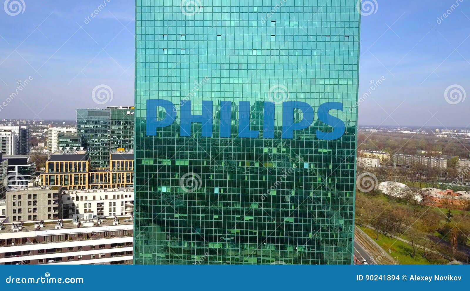 Aerial Shot of Office Skyscraper with Philips Logo. Modern Office ...