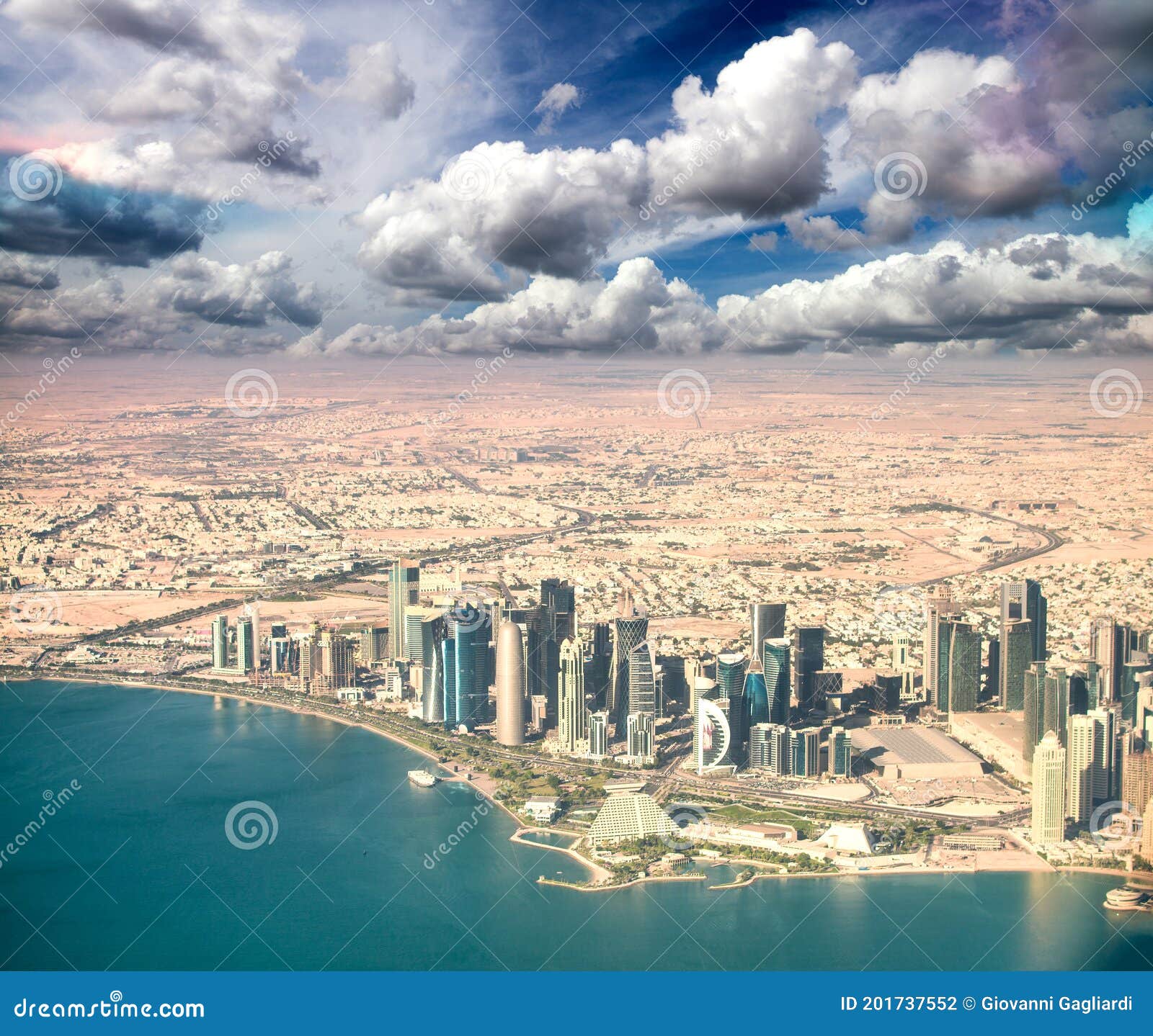 Aerial Skyline of Doha from Airplane at Dusk, Qatar Stock Photo - Image ...
