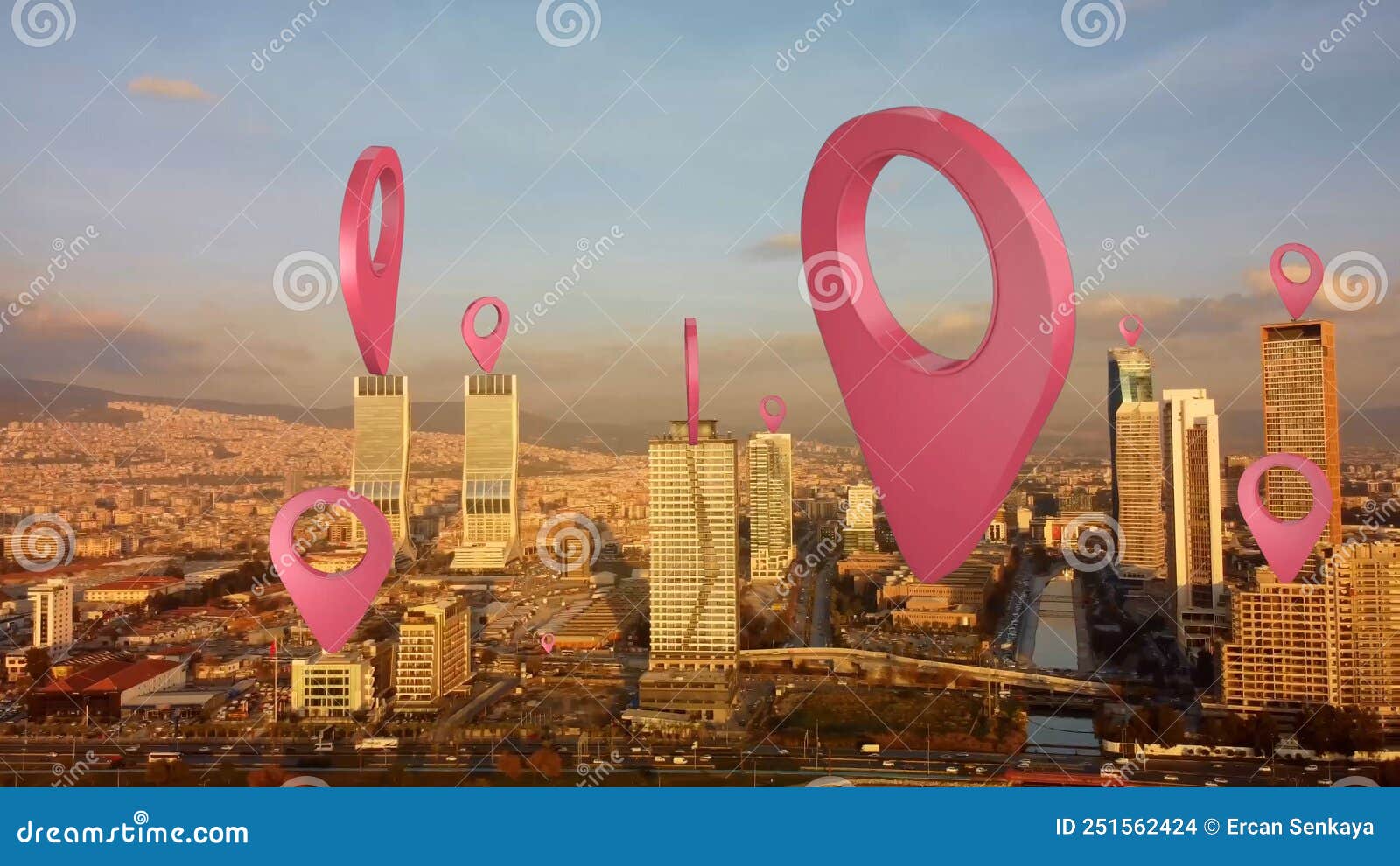 Aerial Smart City. Localization Icons in a Connected Futuristic City ...