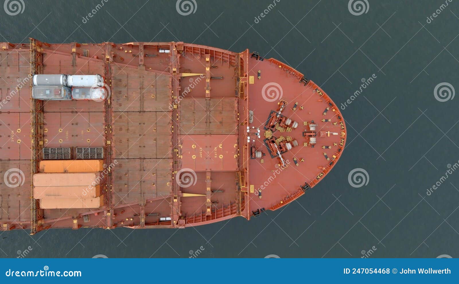 Aerial Straight Down View of the Bow of an Empty Cargo Ship at Sea ...