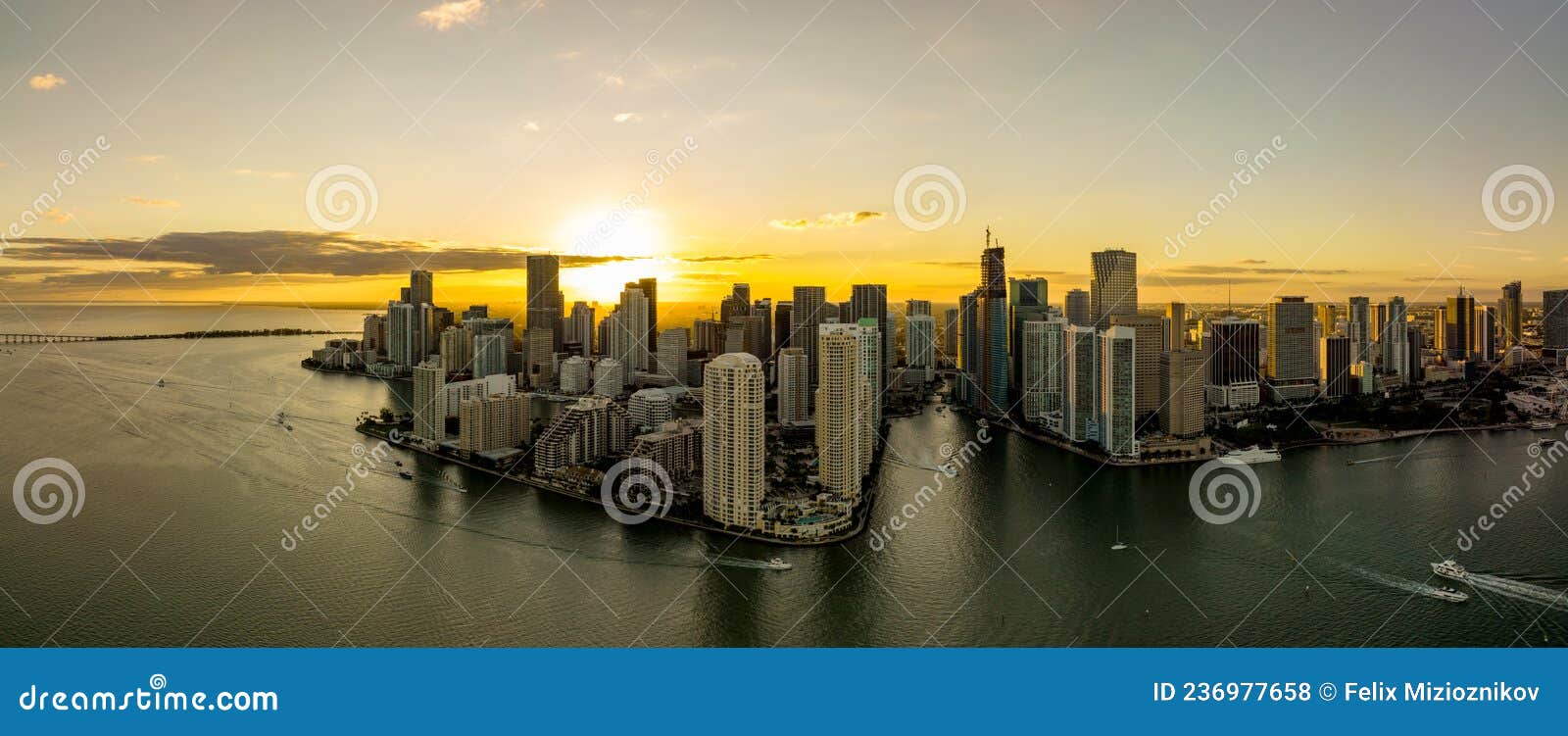 Aerial Sunset Panorama Brickell Key and Miami River Editorial Stock ...