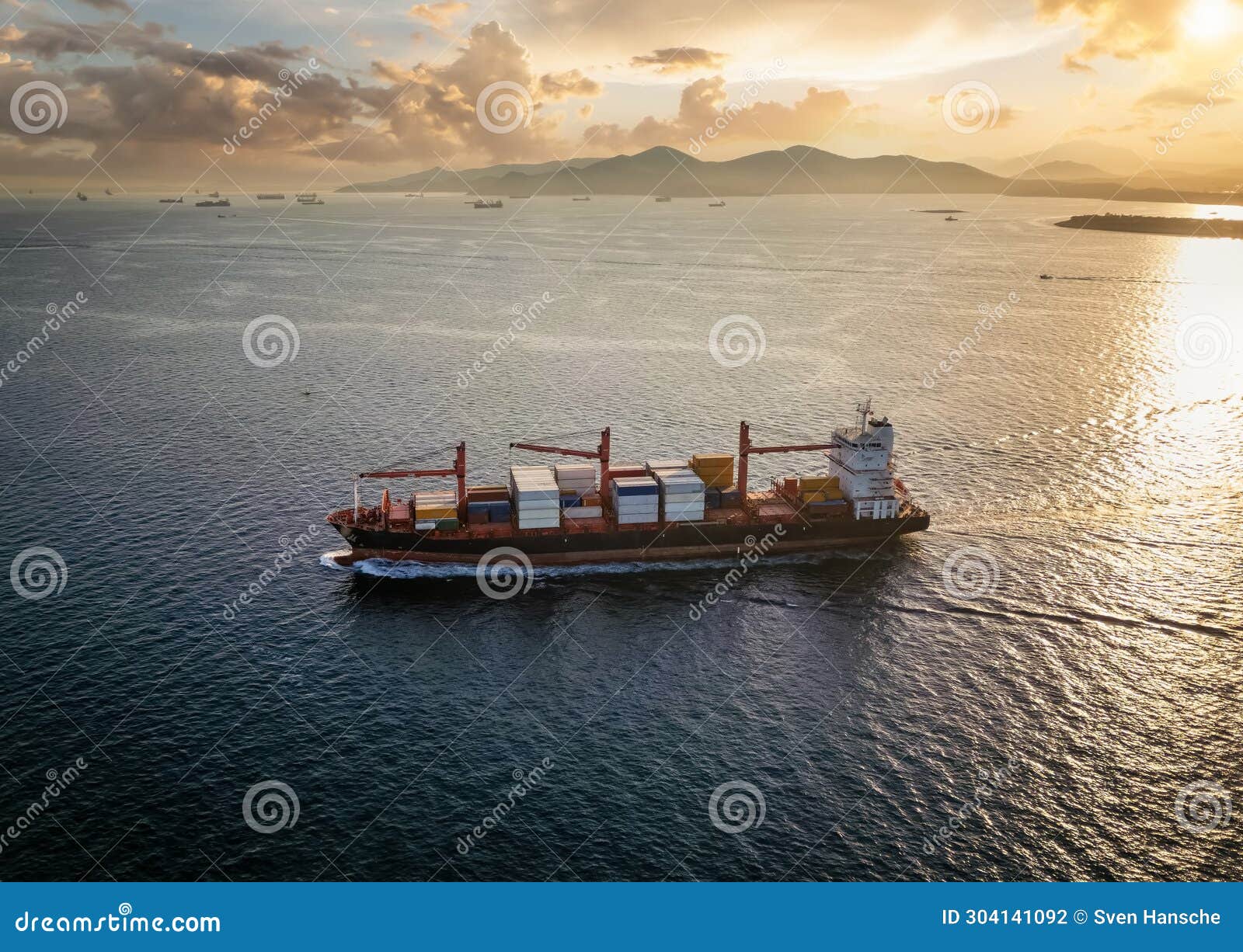 Aerial Sunset View of a Medium Sized Container Cargo Ship Stock Photo ...