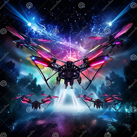 Aerial Symphony: Drones Dancing in the Air Stock Illustration ...