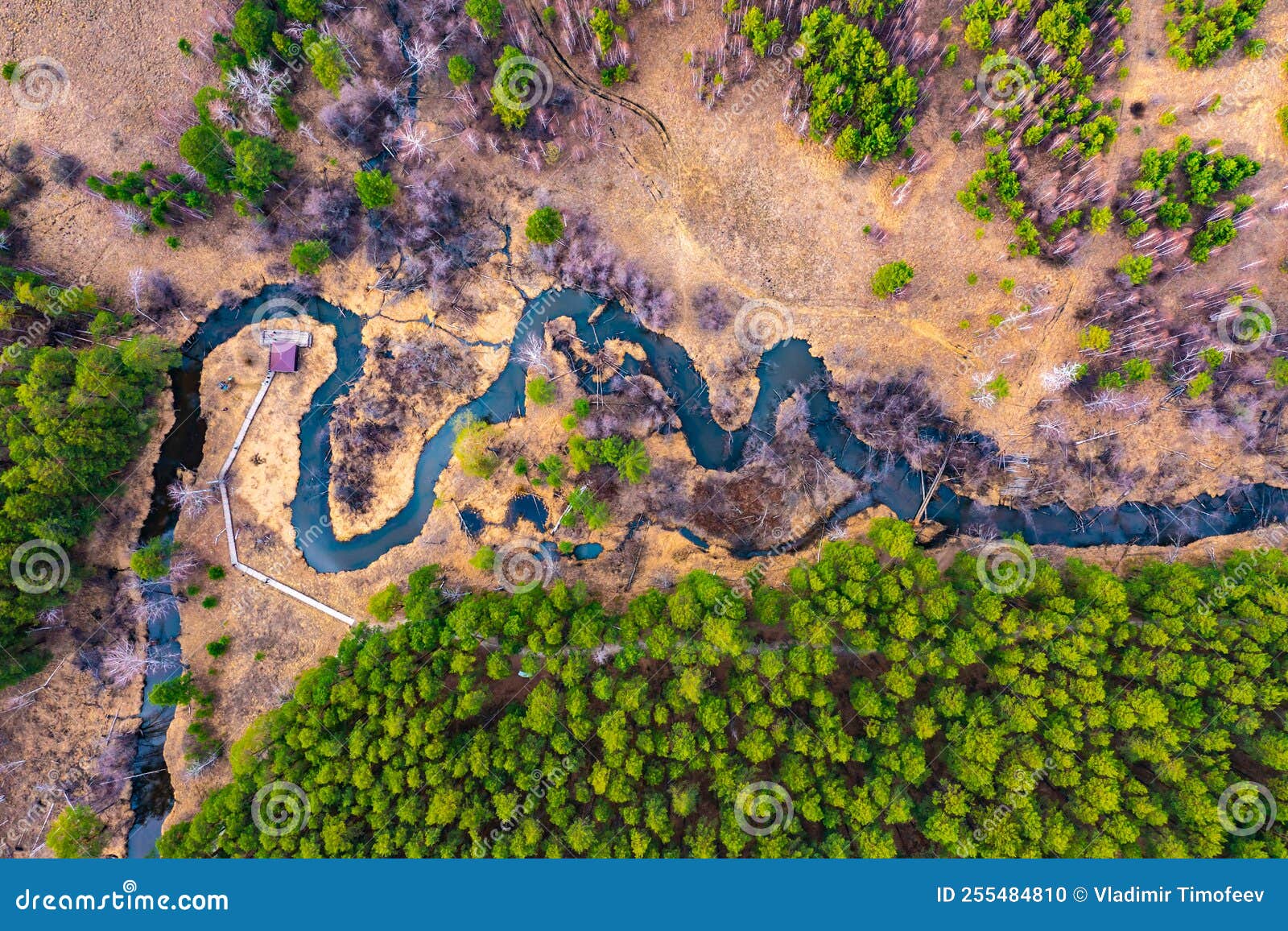 Aerial Top Down View Plain River Psel during Spring Time. Beautiful ...