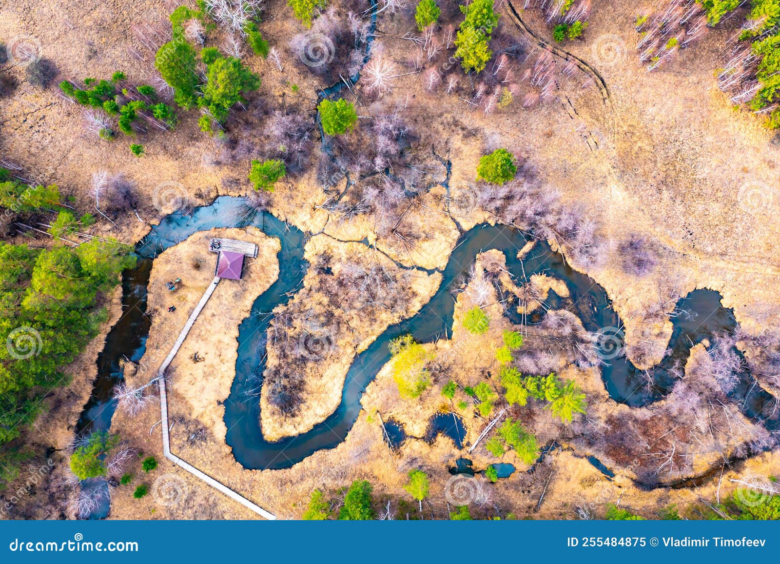 Aerial Top Down View Plain River Psel during Spring Time. Beautiful ...