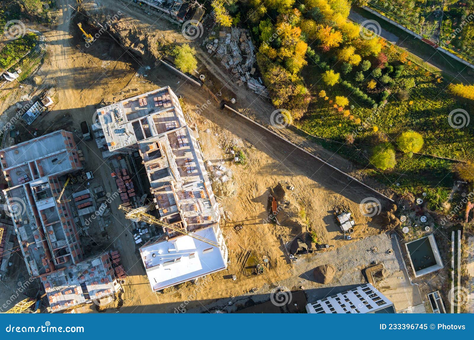 Aerial Top View Construction Cranes with Building Under Construction ...