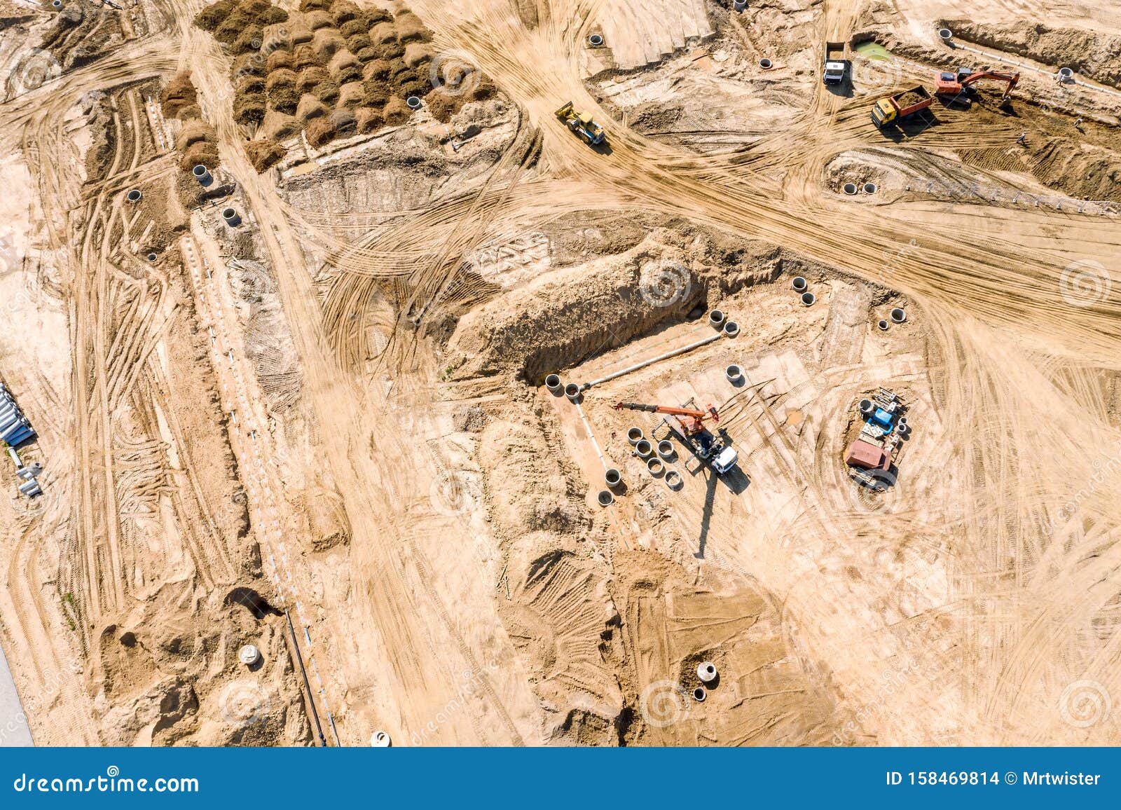 Aerial Top View of Construction Site. Installing of New Drainage System ...