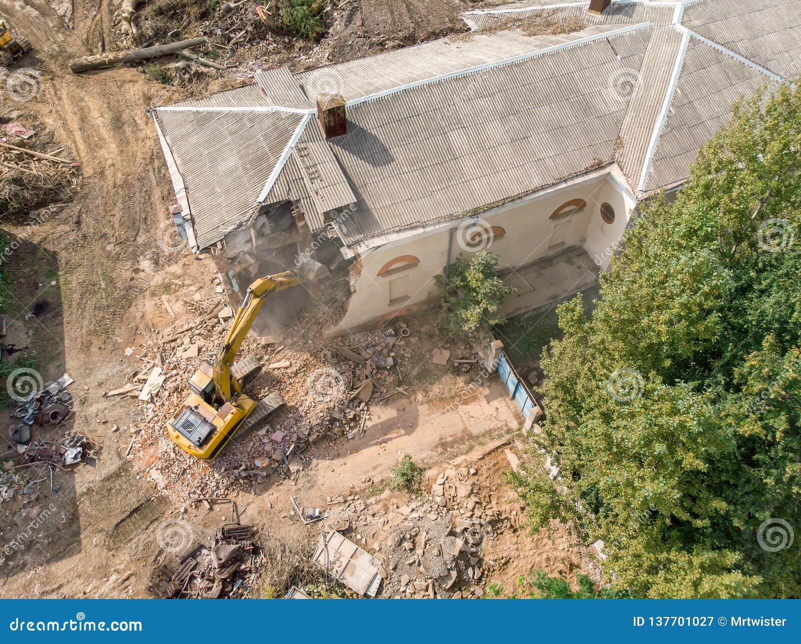 Aerial View of Demolition Site with Half Destroyed Old Building and ...