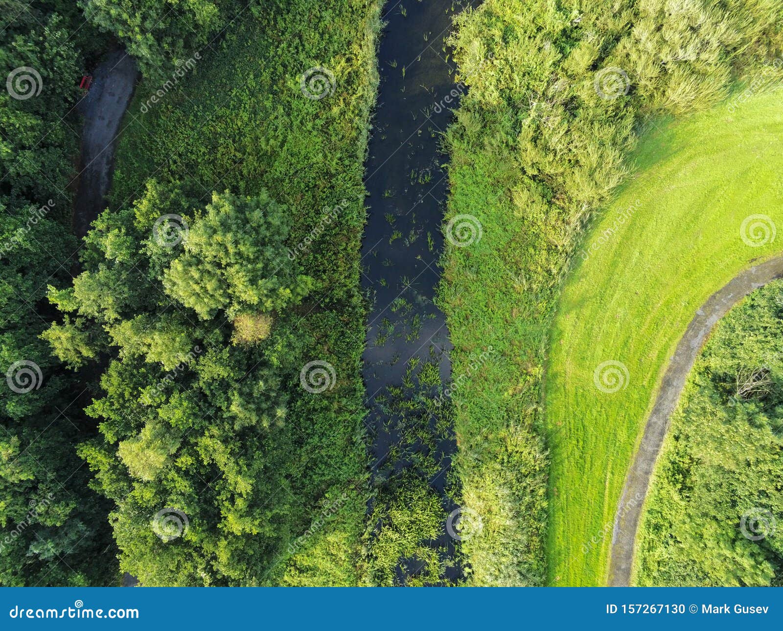Aerial Top View, Walking Path In A Park By A Small Creek And Trees ...