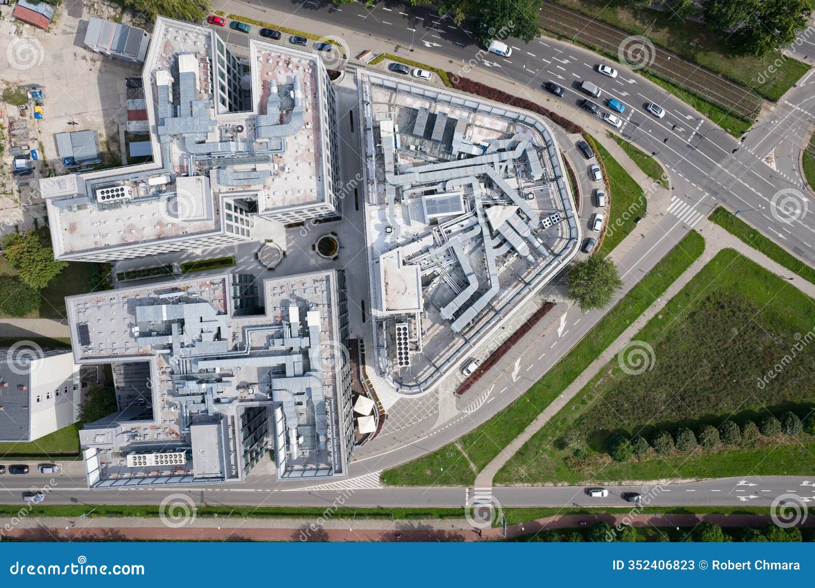 Aerial Top View of Modern Office Buildings with Rooftop Infrastructure ...