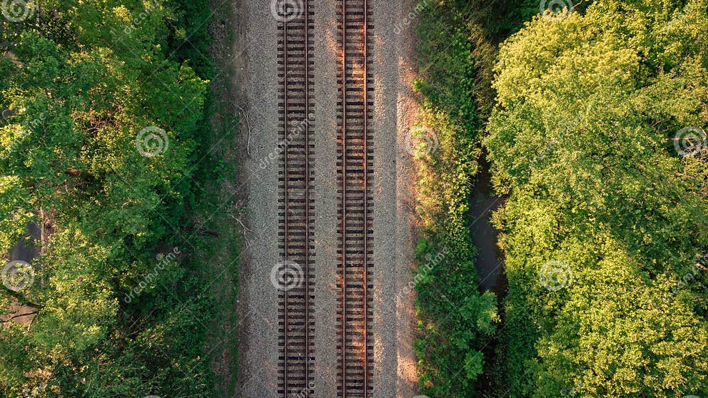 Aerial of Train Tracks Going through the Woods Stock Image - Image of ...