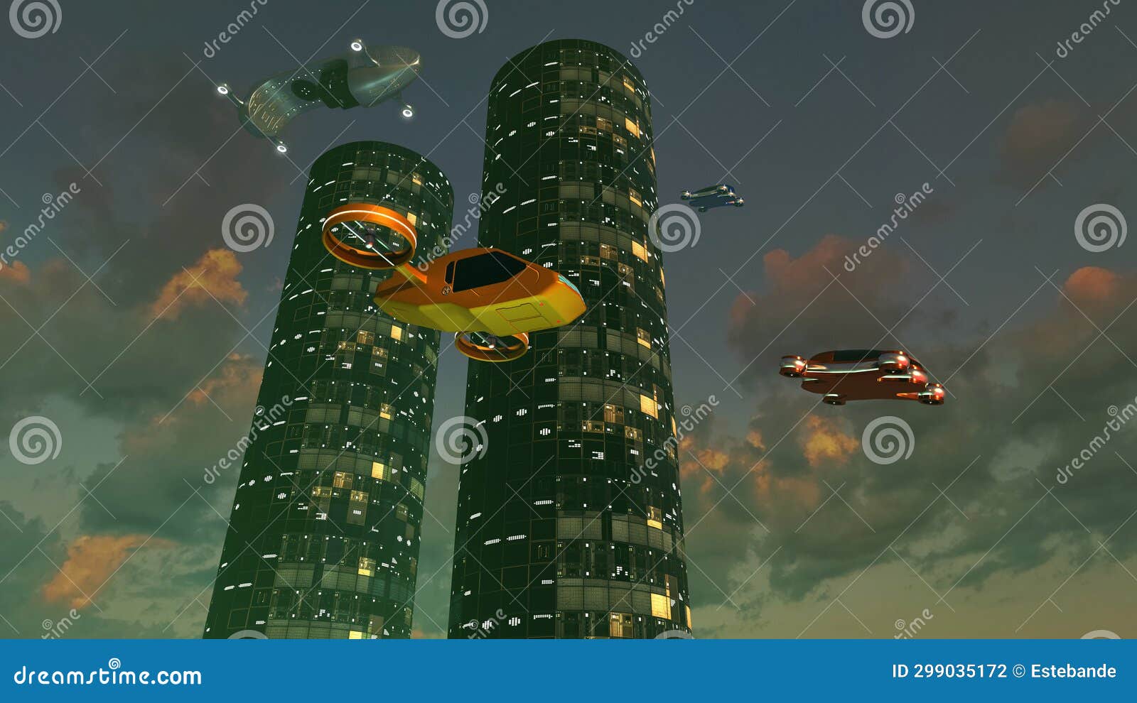 Aerial Vehicles Flying between Buildings Stock Illustration ...