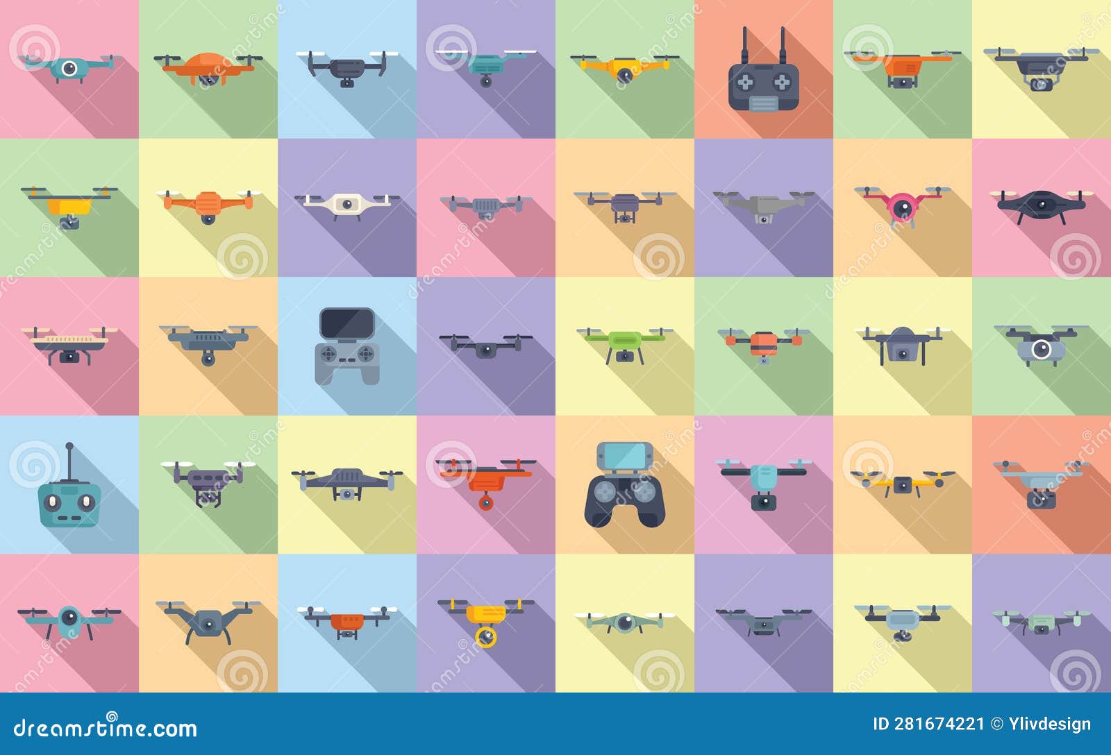 Aerial Videography Icons Set Flat Vector. Drone Camera Stock Vector ...