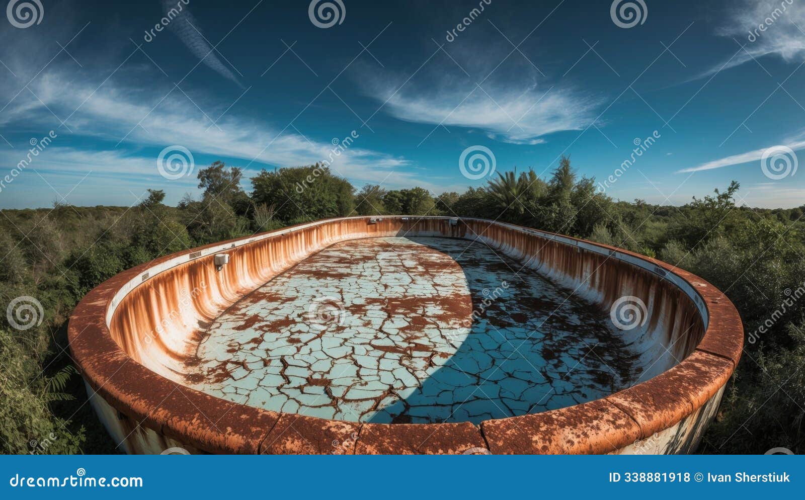 Aerial View of an Abandoned Swimming Pool with Cracked Surface and Rust ...