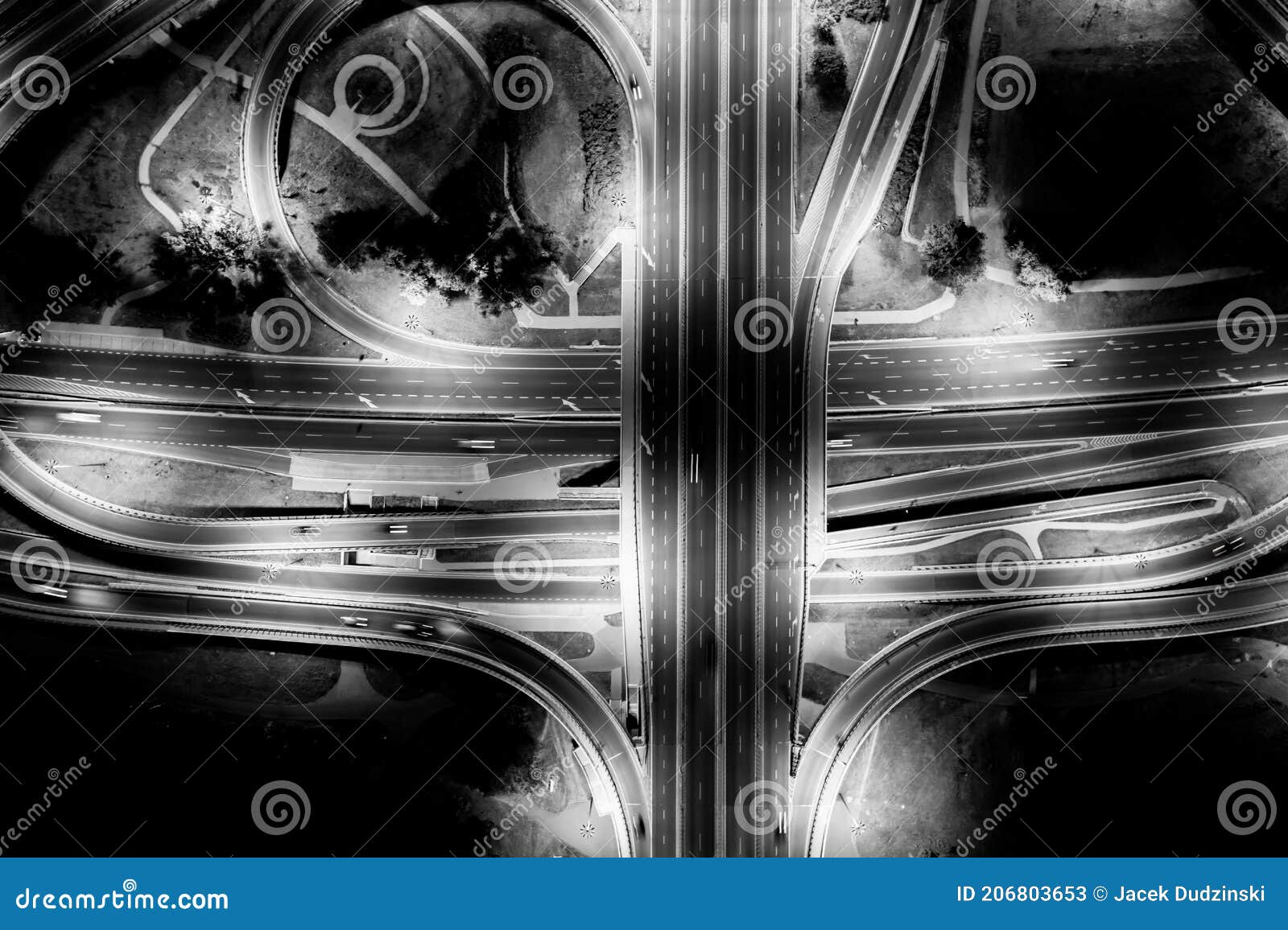 Aerial View Above of Busy Highway Road Junctions at Night. the ...