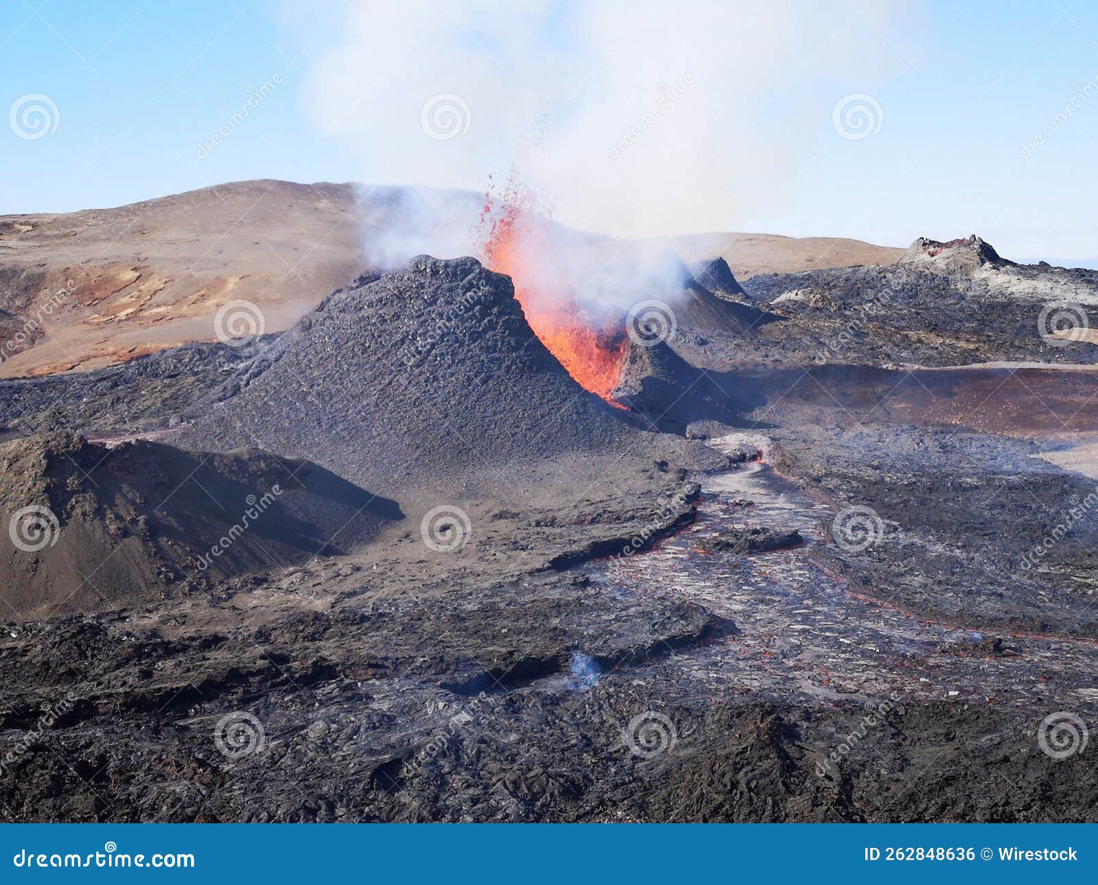 Aerial View of an Active Volcano Spitting Lava during Eruption Stock ...