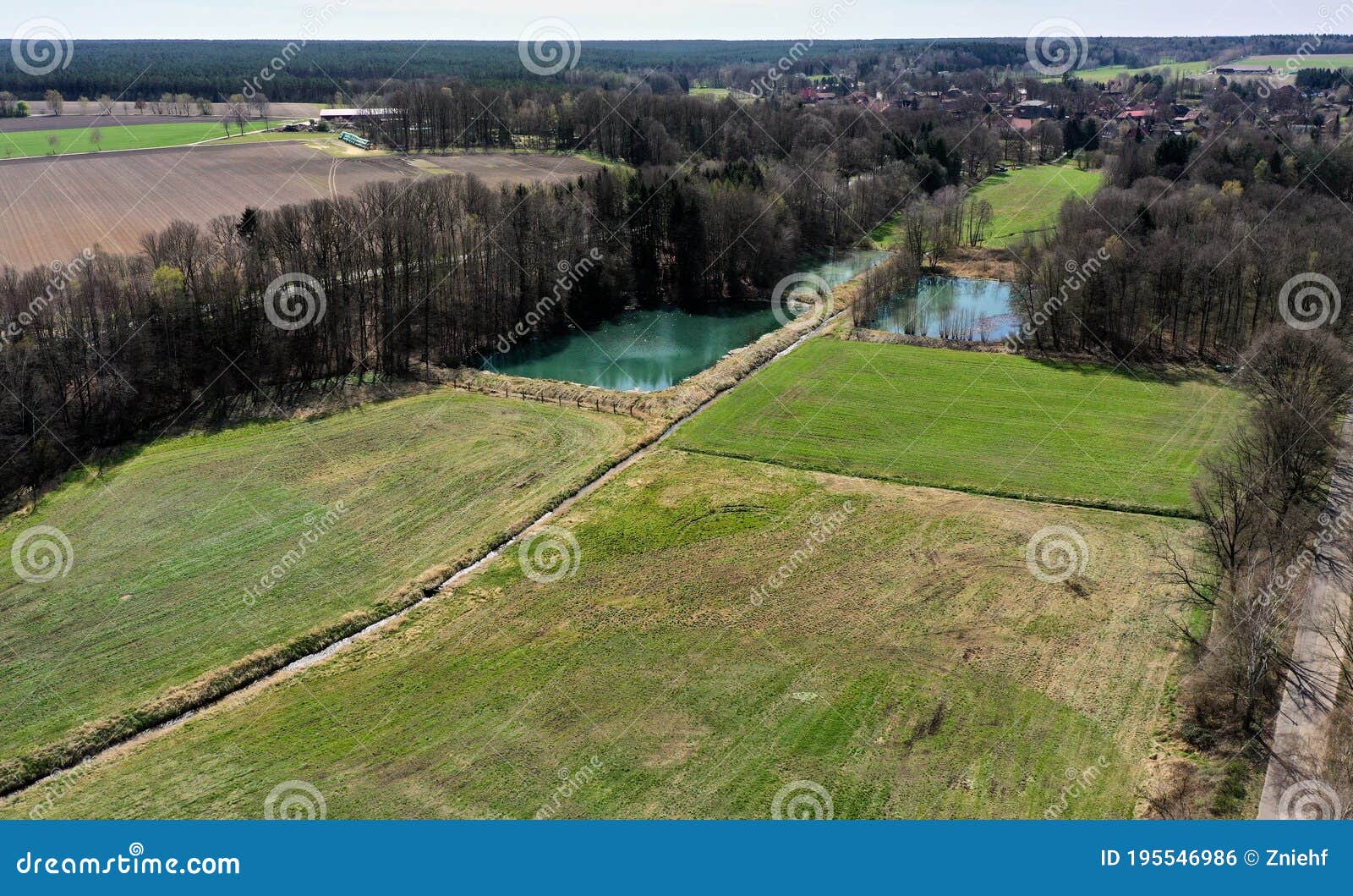 Aerial View of an Agricultural Meadow with Two Rectangular Fish Ponds ...