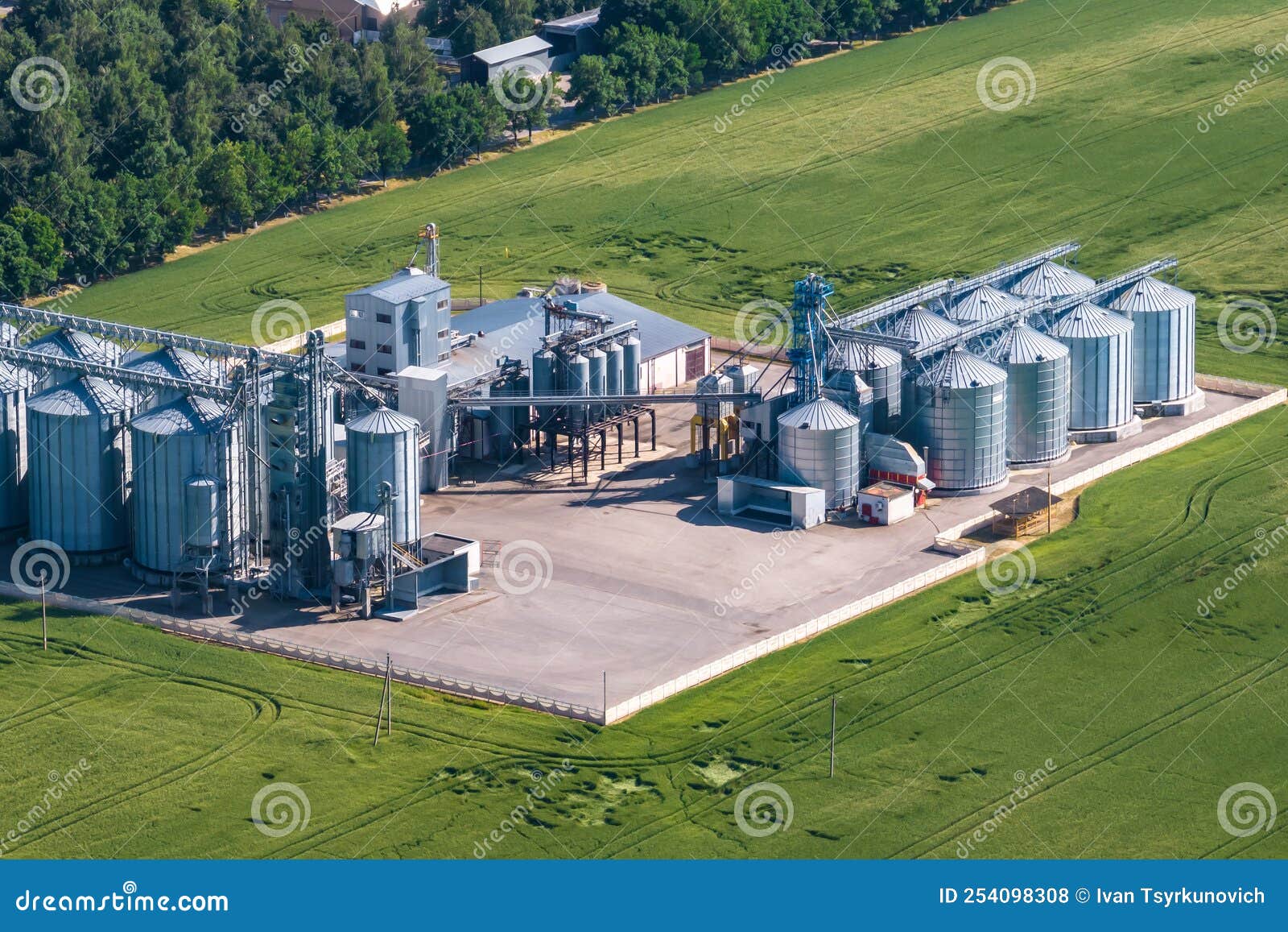 Aerial View on Agro Silos Granary Elevator with Seeds Cleaning Line on ...