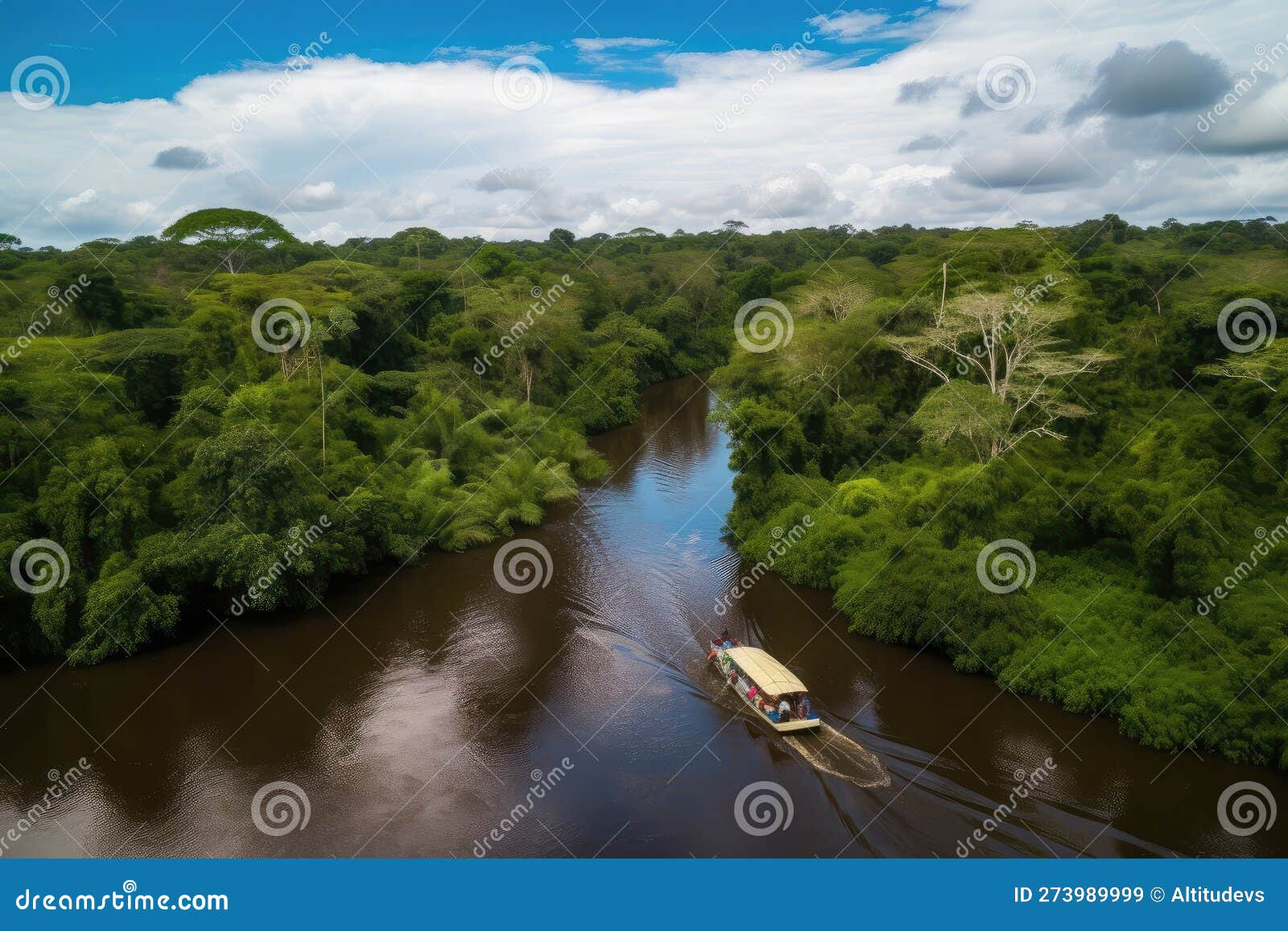 Aerial View of the Amazonas with Boat Navigating River, Surrounded by ... Aerial View of the Amazonas with Boat Navigating River, Surrounded by ...