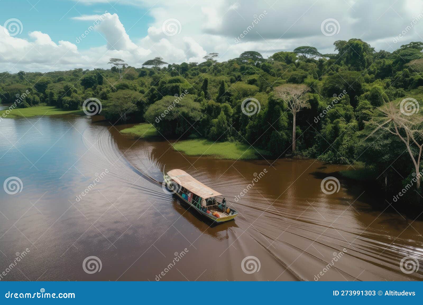 Aerial View of the Amazonas, with Boat Navigating the River, Surrounded ...