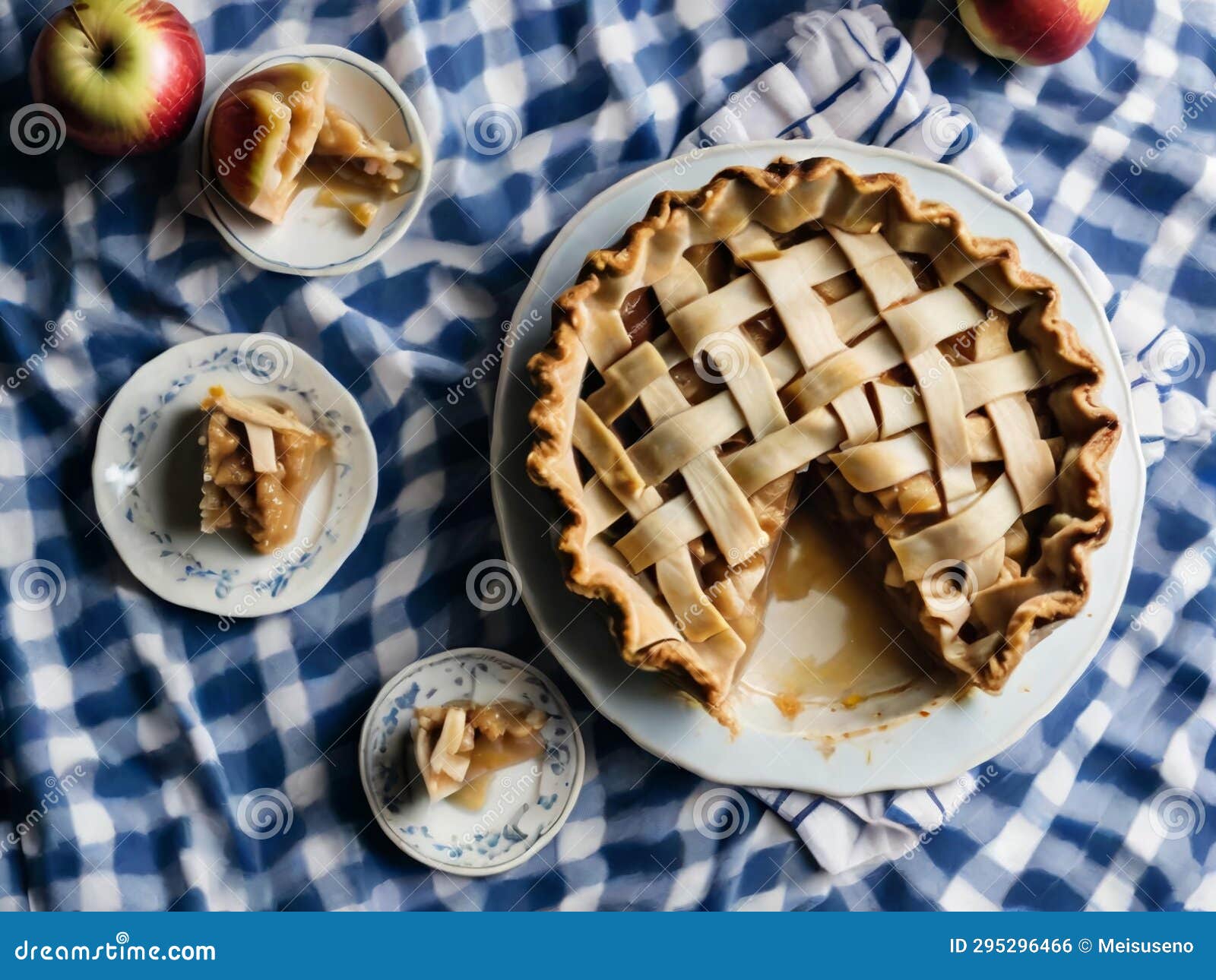 Aerial View of an Apple Pie with Small Pieces, on a Table with a Blue ...