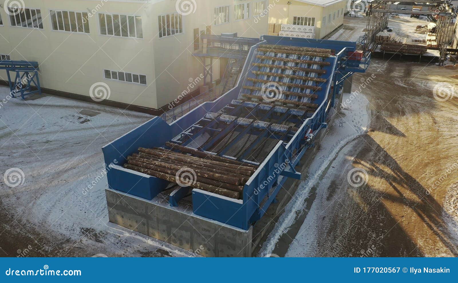 Aerial View of Automated Log Sorting Line. Wheel Loader and Automatic ...