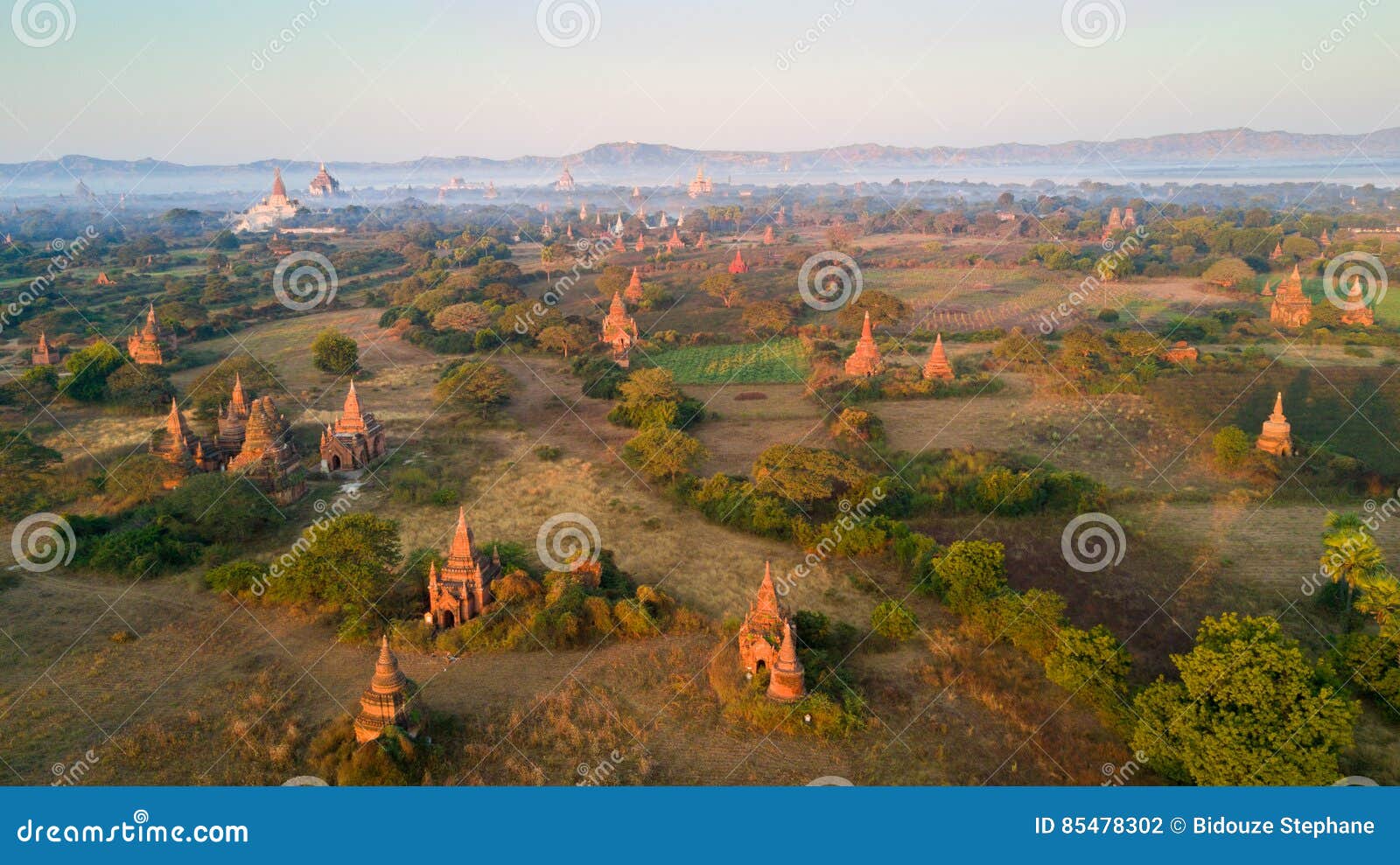 Aerial View of Bagan Plain in Myanmar Stock Photo - Image of morning ...