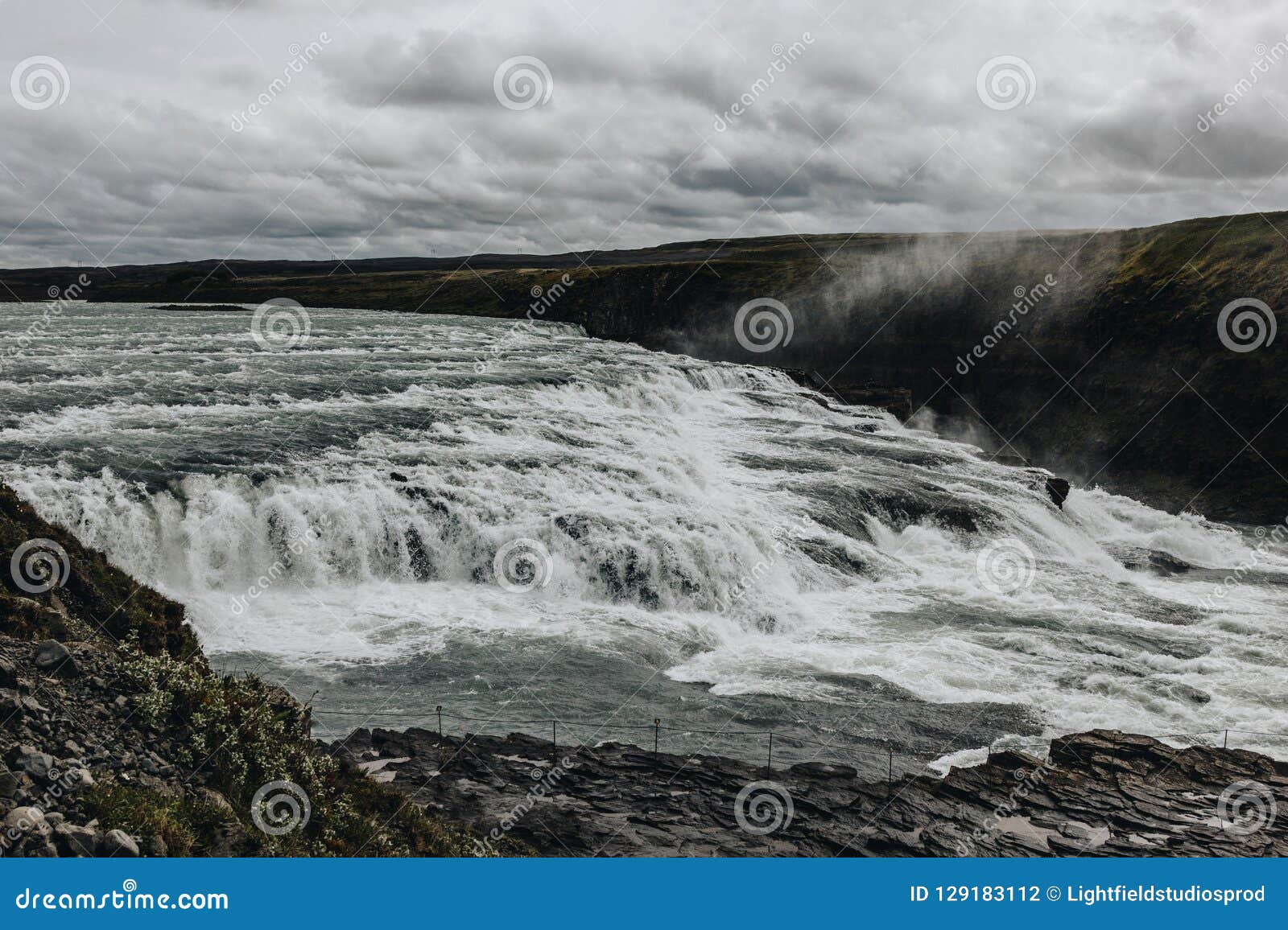 Aerial View of Beautiful Gullfoss Waterfall Under Cloudy Sky Stock ...