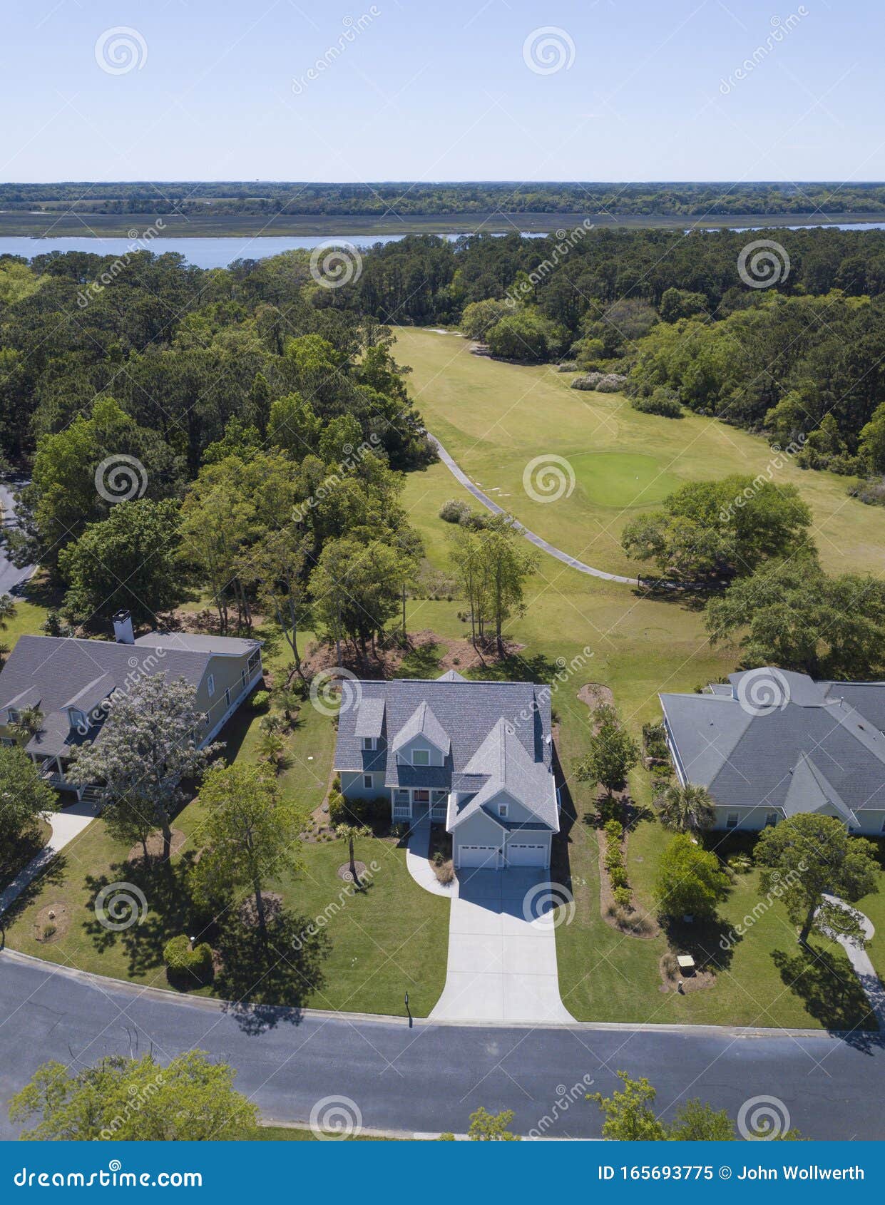 Aerial View of Beautiful Home on Golf Course and River Stock Image ...