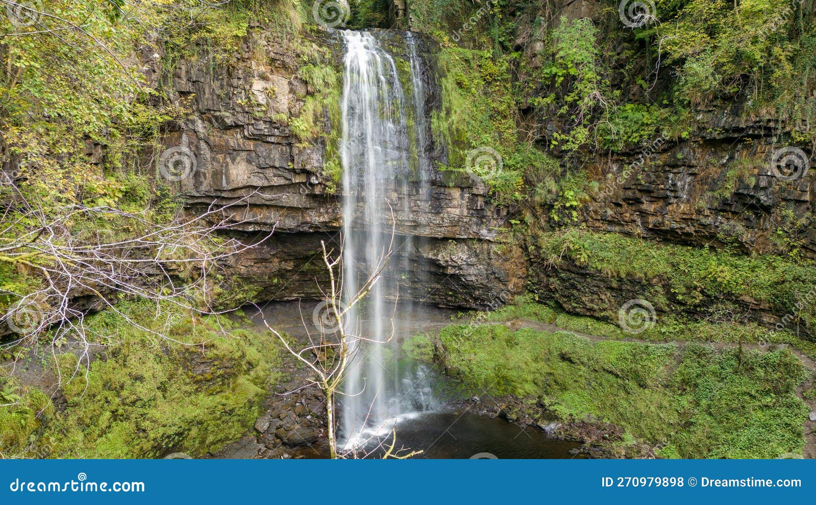 Aerial View of a Beautiful Waterfall in the Brecon Beacons (Henrhyd ...