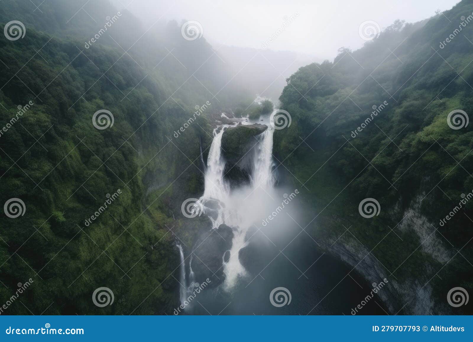Aerial View of Beautiful Waterfall, with Drone Hovering Above the Mist ...