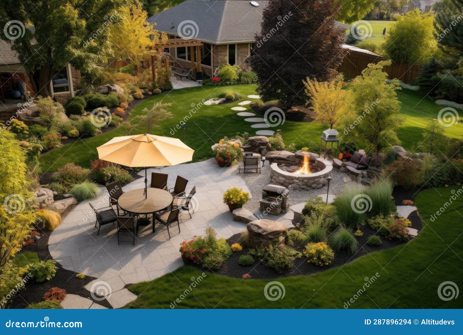 Aerial View of a Beautifully Landscaped Backyard with Fire Pit Stock ...