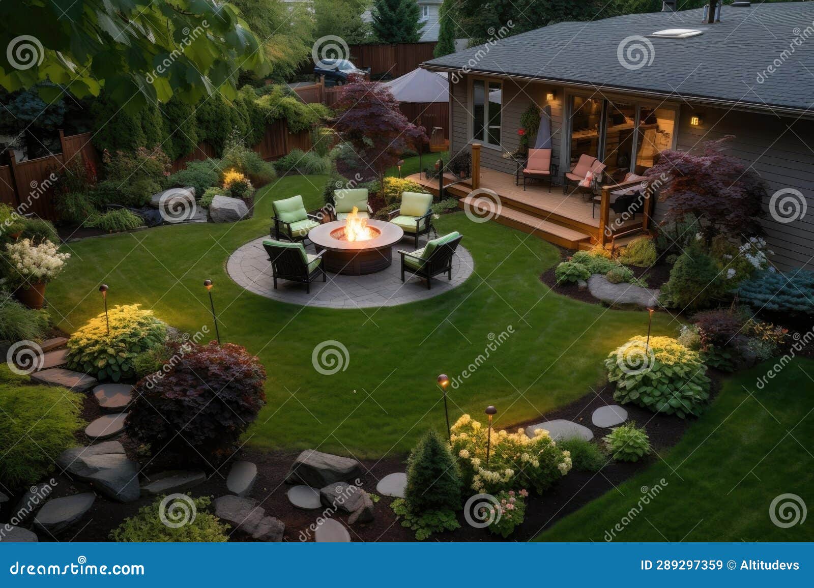 Aerial View of a Beautifully Landscaped Backyard with Fire Pit Stock ...