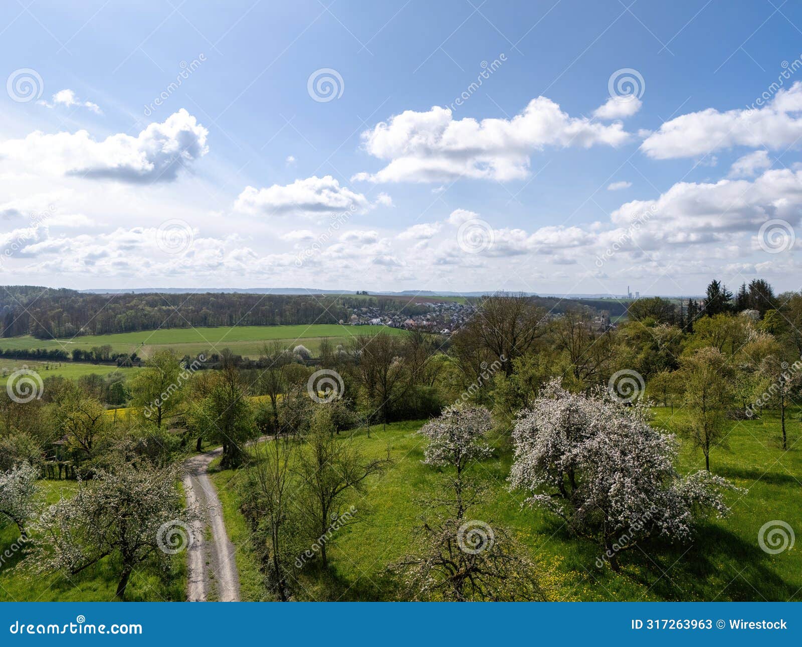 Aerial View of Blooming Fruit Trees and Fields in Spring Stock Image ...