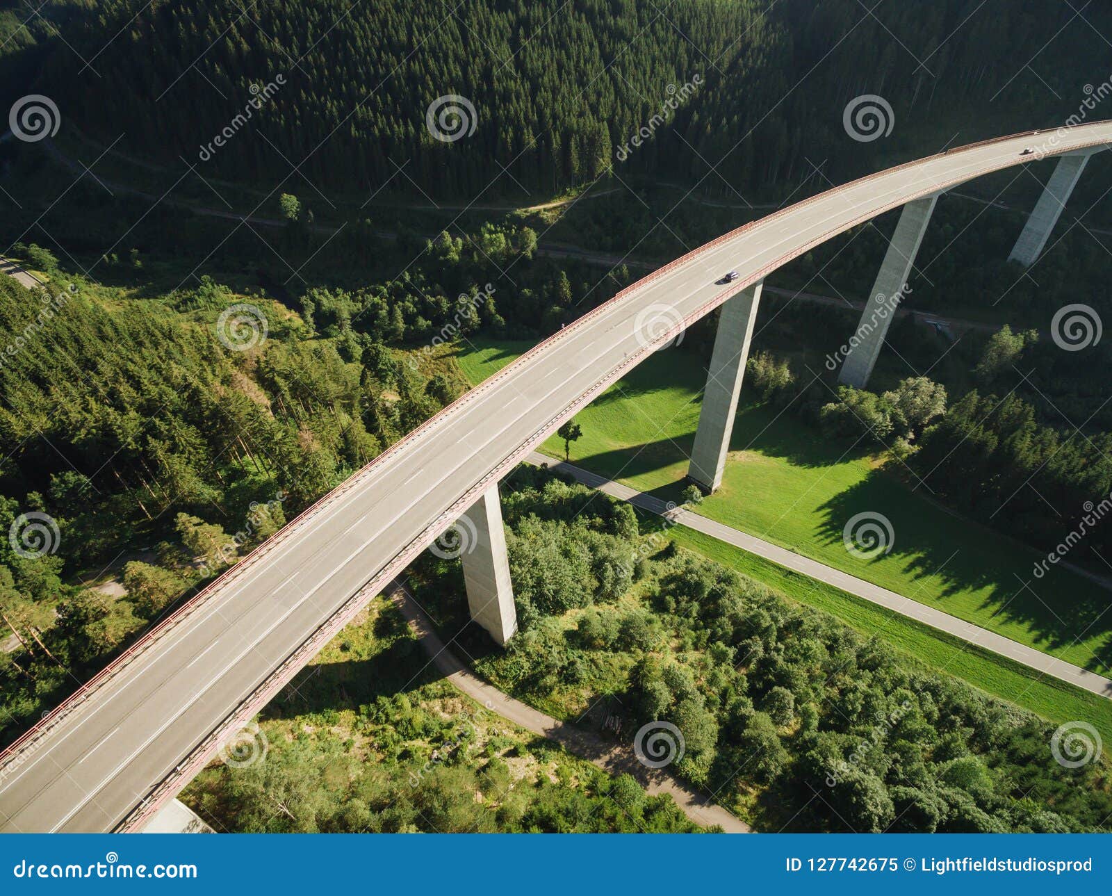 Aerial View of Bridge Over Beautiful Green Forest Stock Image - Image ...