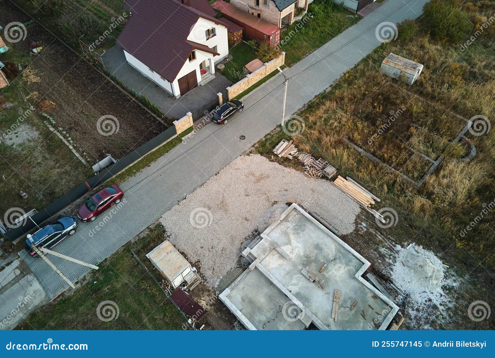 Aerial View of Building Works of New House Concrete Foundation on ... Aerial View of Building Works of New House Concrete Foundation on ...